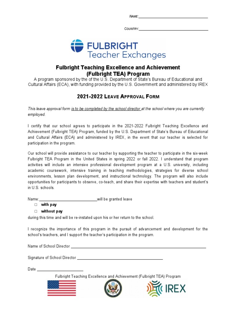 FY21 Fulbright TEA Leave Approval Form 1 | PDF | Career & Growth