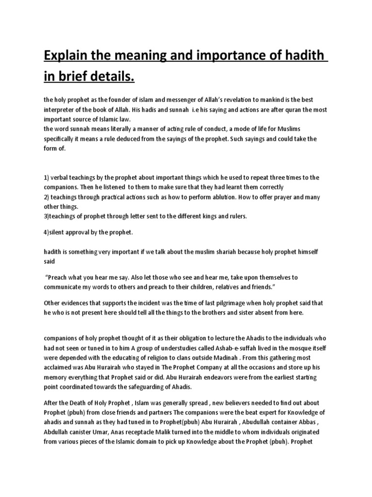 Explain The Meaning and Importance of Hadith in Brief Details | PDF ...