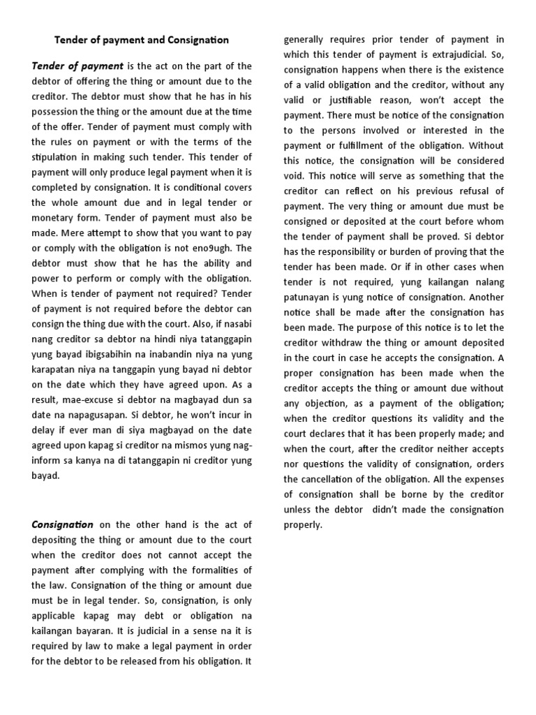 Tender of Payment and Consignation | PDF | Legal Tender | Payments