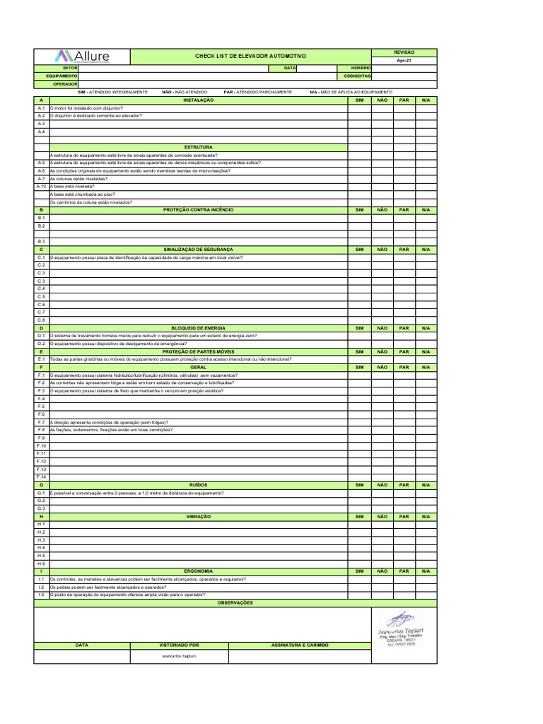 Checklist Manutenção Elevador Automotivo | PDF | Freio | Empilhadeira