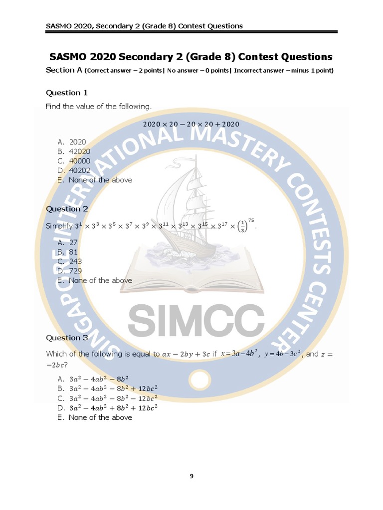 SASMO 2020 Grade 8 Contest Questions | PDF | Numbers | Equations