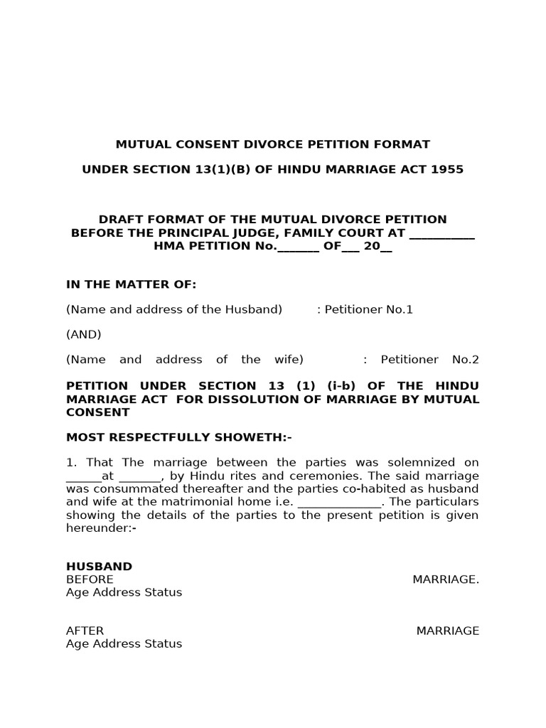 Mutual Consent Divorce Petition Format | PDF | Divorce | Marriage