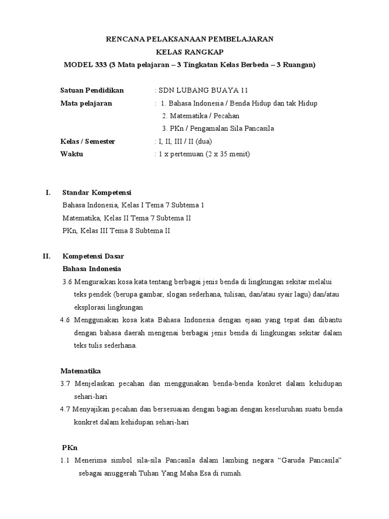 RPP Kelas Rangkap Model 333 SD | PDF