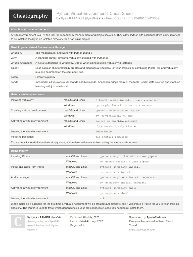 Python Virtual Environments Cheat Sheet: by Via | PDF | Computing Platforms | Operating System ...