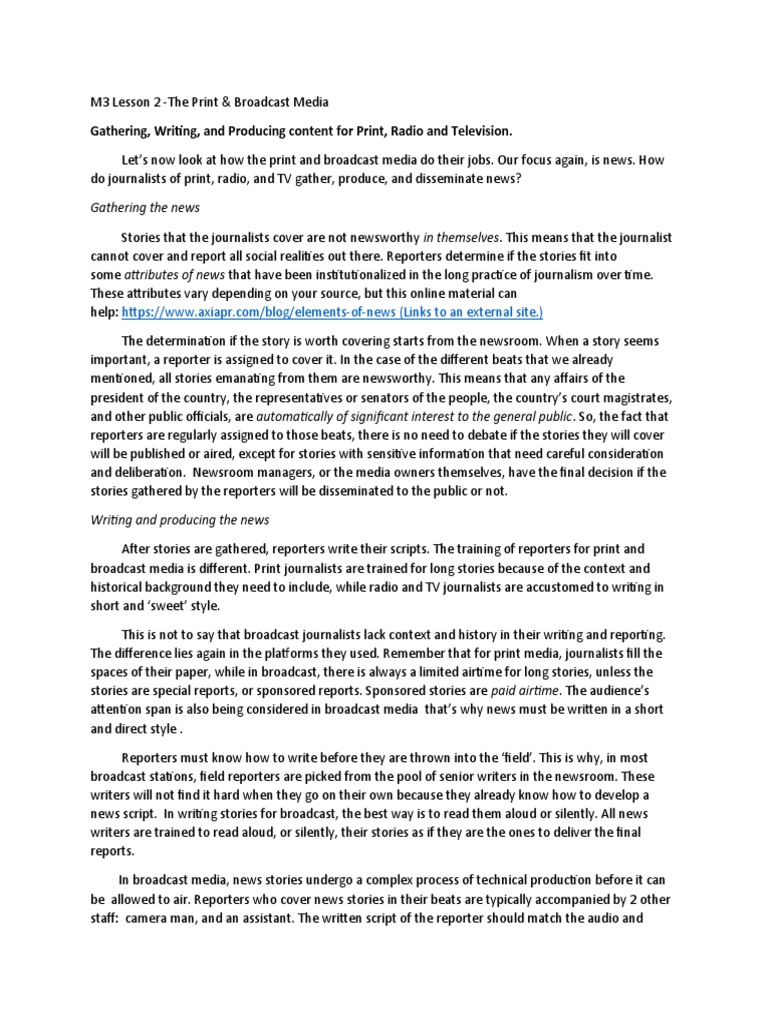 M3 Lesson 2 - The Print & Broadcast Media | PDF | Broadcast Journalism ...