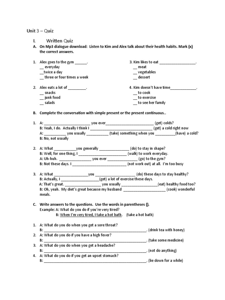 Health Habits Quiz and Conversation Guide | PDF | Foods | Food And Drink