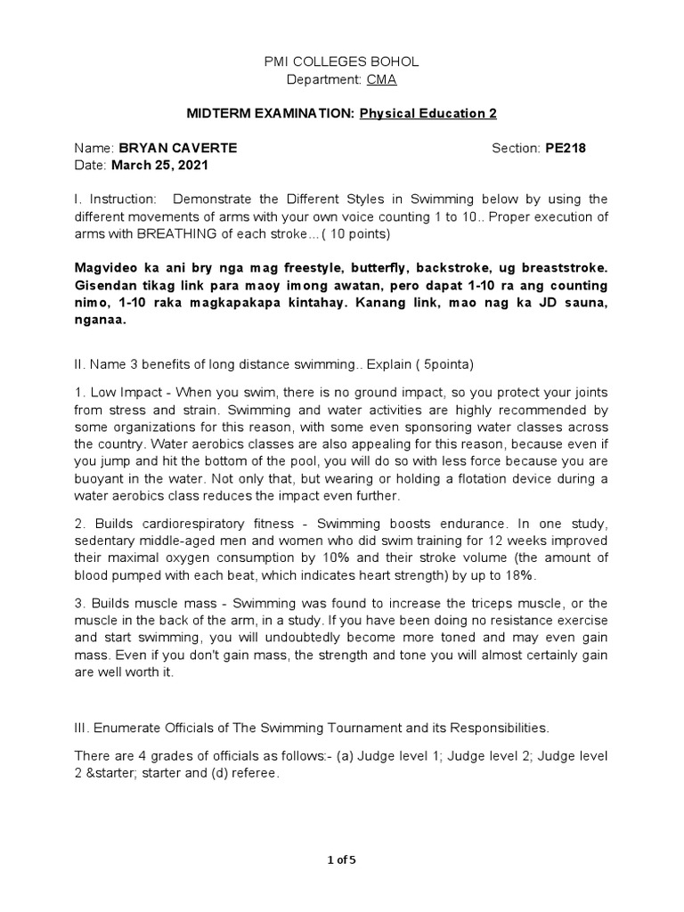 Midterm Exam Pe 2 | PDF | Swimming (Sport) | Swimming