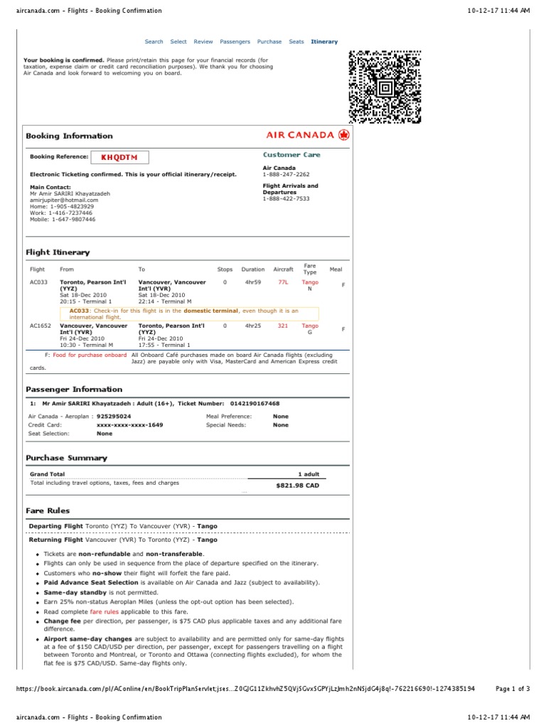 aircanada.com - Flights - Booking Confirmation | Identity Document ...