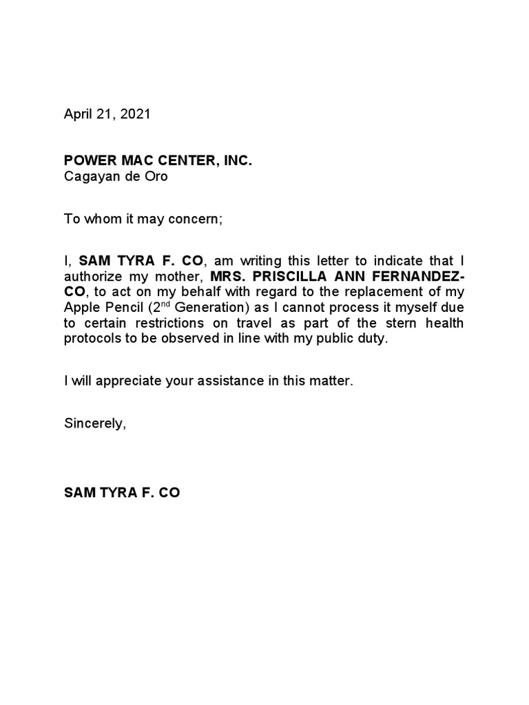 Authorization Letter (Power Mac) | PDF