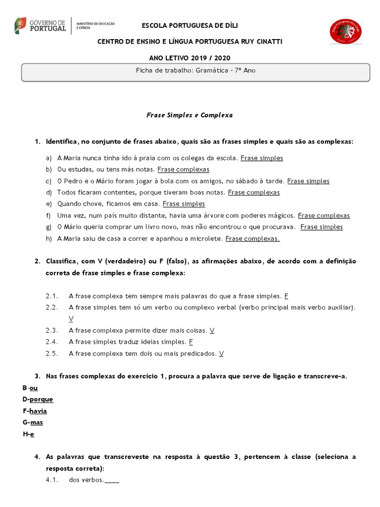 Ficha de Gramática - Frase Simples e Complexa (Guardado Automaticamente ...