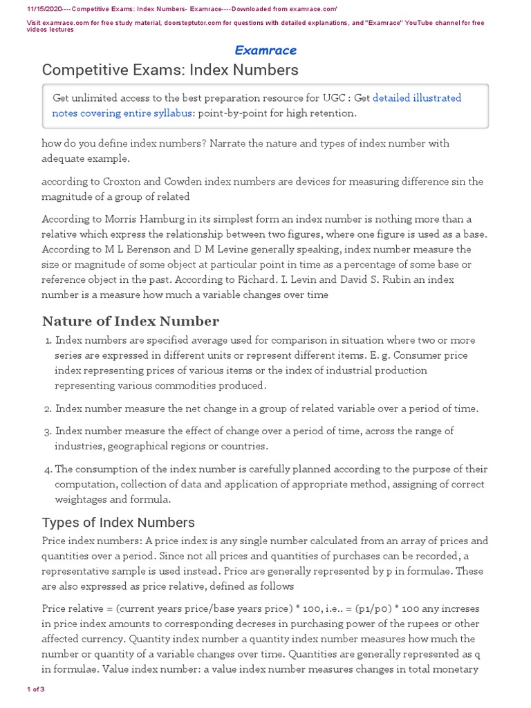 Competitive Exams: Index Numbers: Examrace | PDF | Index (Economics ...