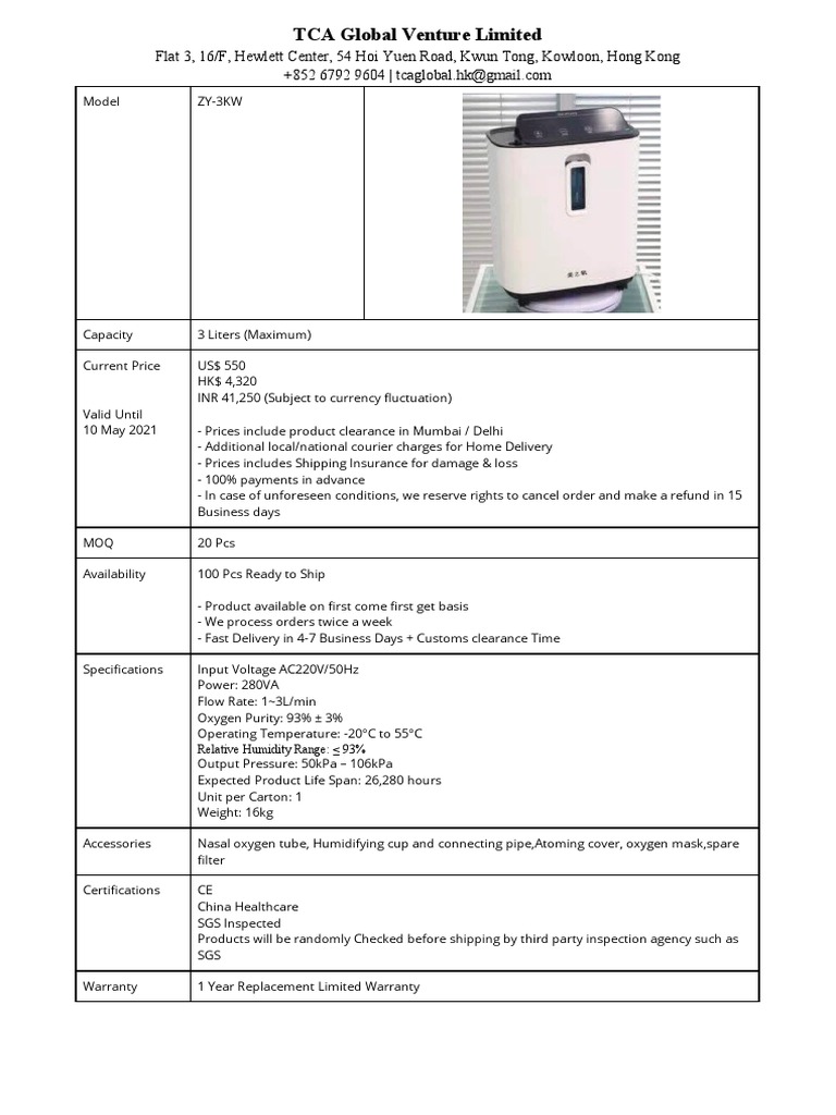 Product Specifications and Pricing for Three Oxygen Concentrator Models ...