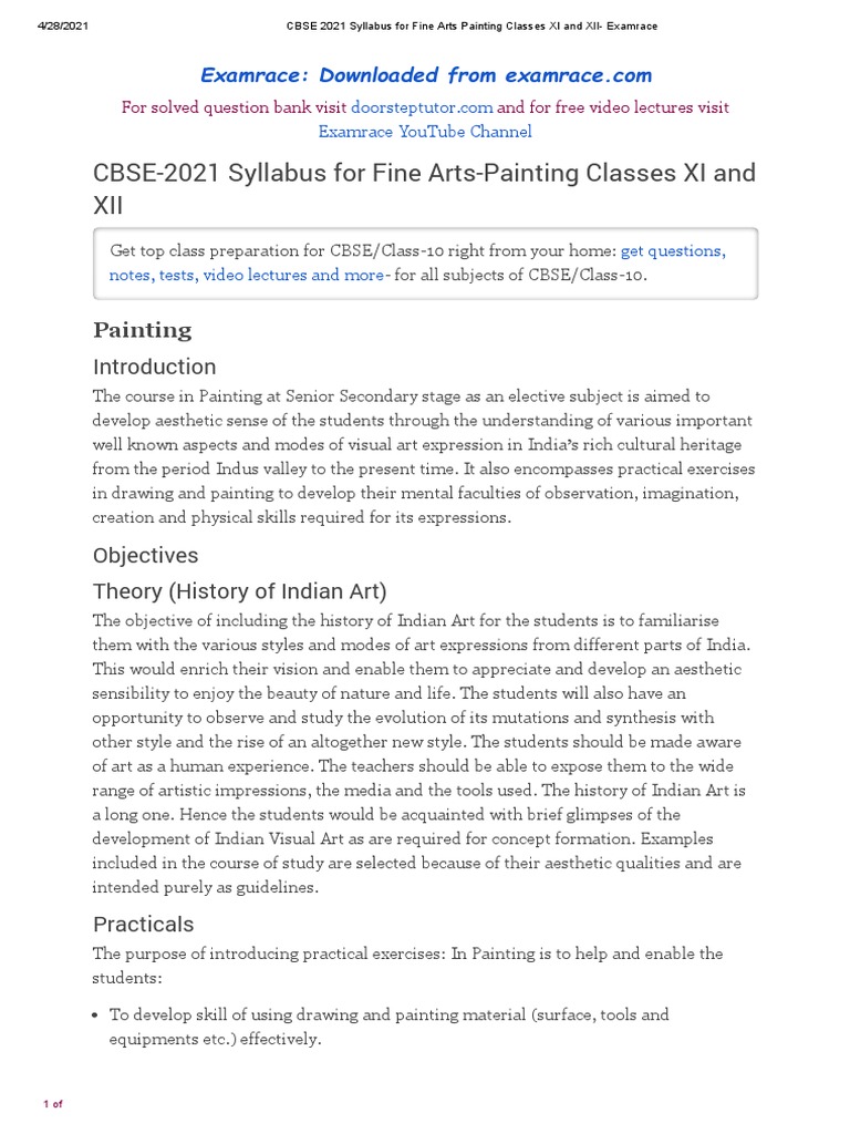CBSE Fine Arts Painting Syllabus Course Structure 11 12 | PDF | Drawing ...