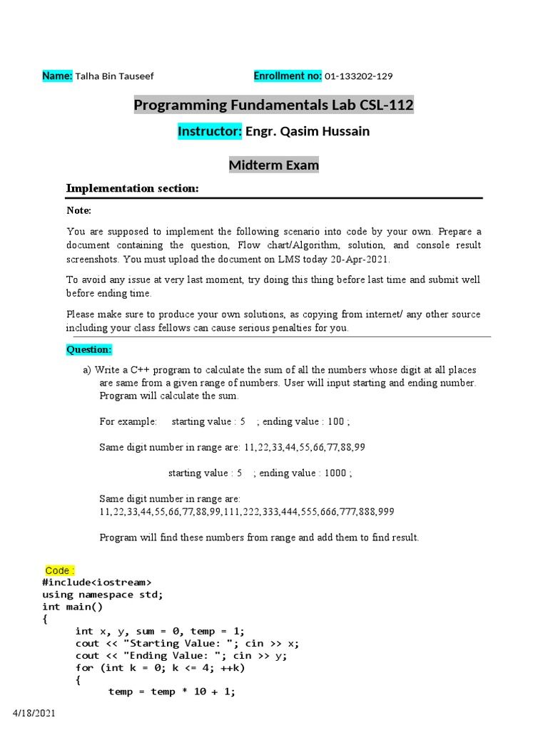 Programming Fundamentals Lab CSL-112: Instructor: Engr. Qasim Hussain Midterm Exam | PDF ...