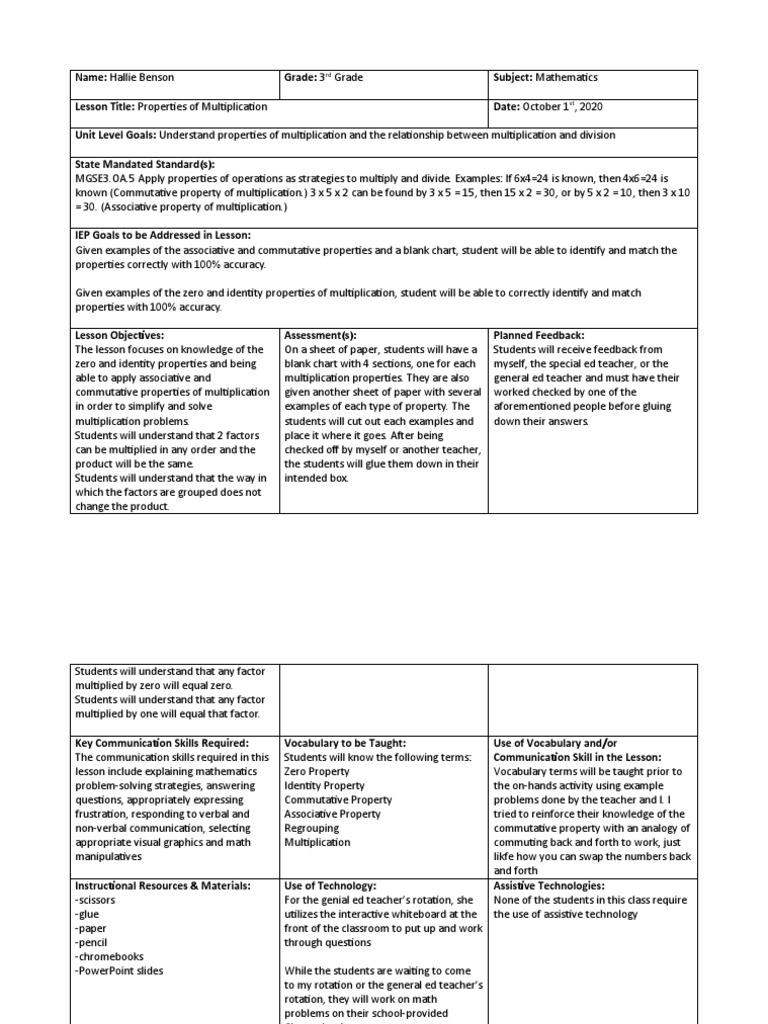 Lesson Plan Project | PDF | Multiplication | Teachers