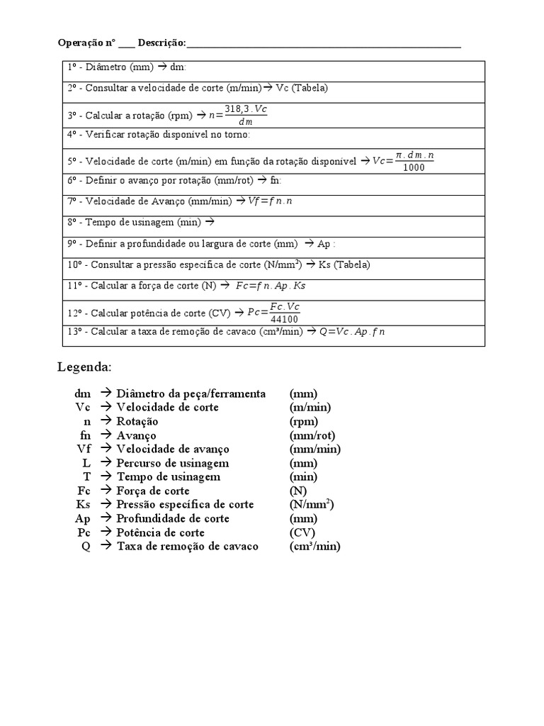 Passo A Passo - Cálculos para Folha de Processo Torneamento | PDF