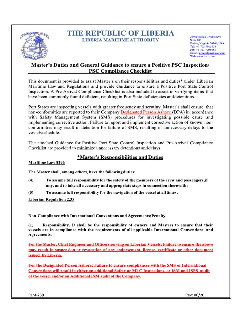 RLM-258 PreArrivalChecklist Ev | PDF