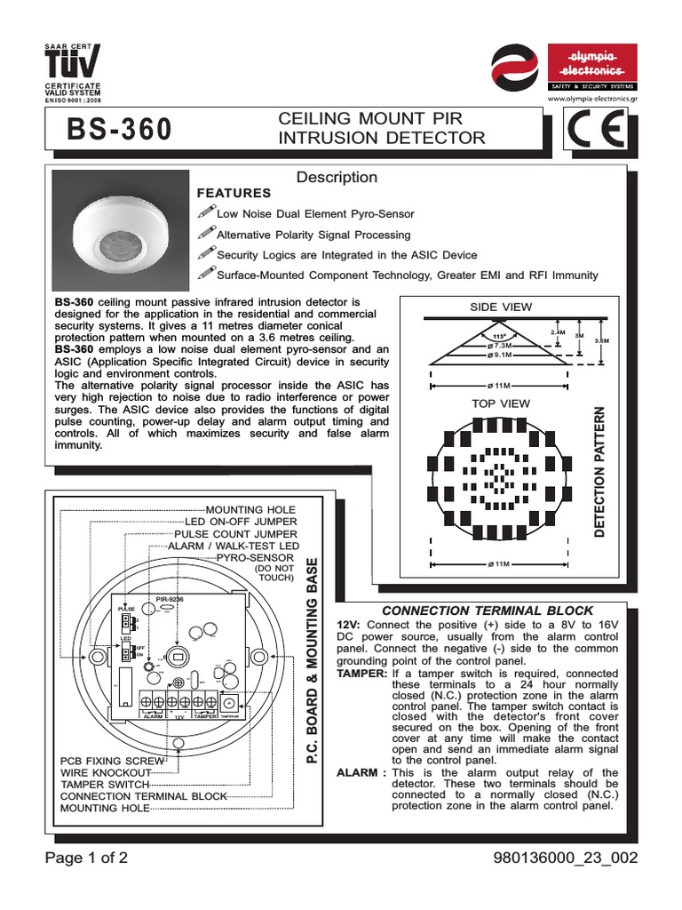Ceiling Mount PIR Intrusion Detector Technical Specifications and ...