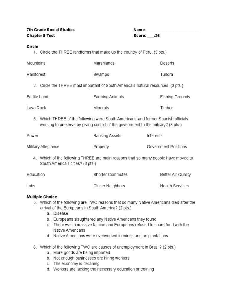 7th Grade Social Studies - Chapter 9 Test | PDF | South America | Brazil
