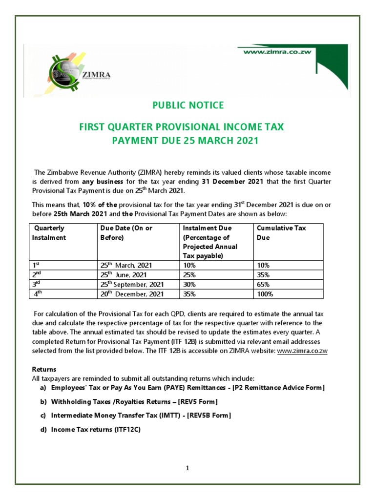 Public Notice 20 of 2021 First Quarter Provisional Income Tax | PDF ...