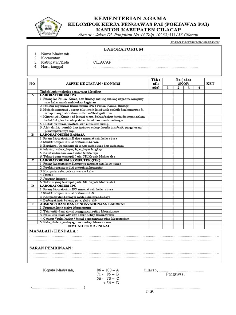 Instrumen Supervisi Laboratorium Sekolah | PDF | Sains & Matematika ...