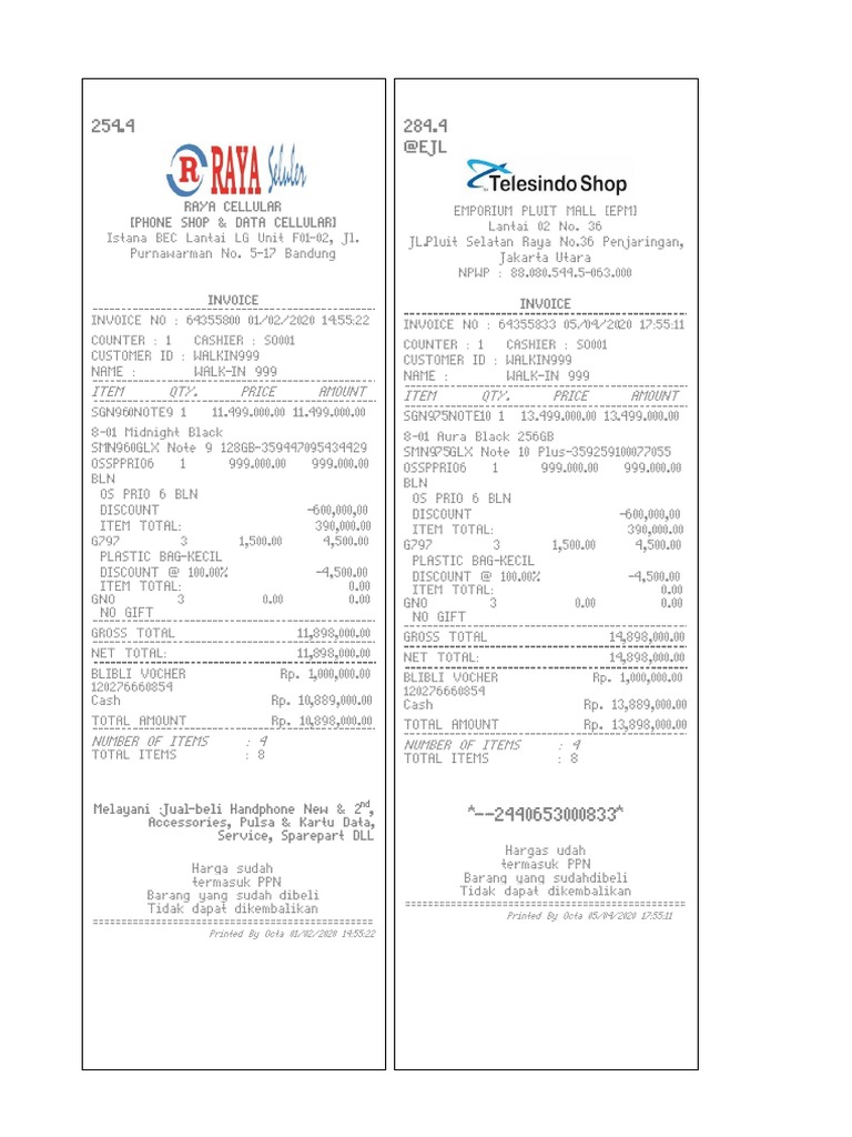 Invoice Oke Shop Note 9 10 BLK Telsindo Raya | PDF