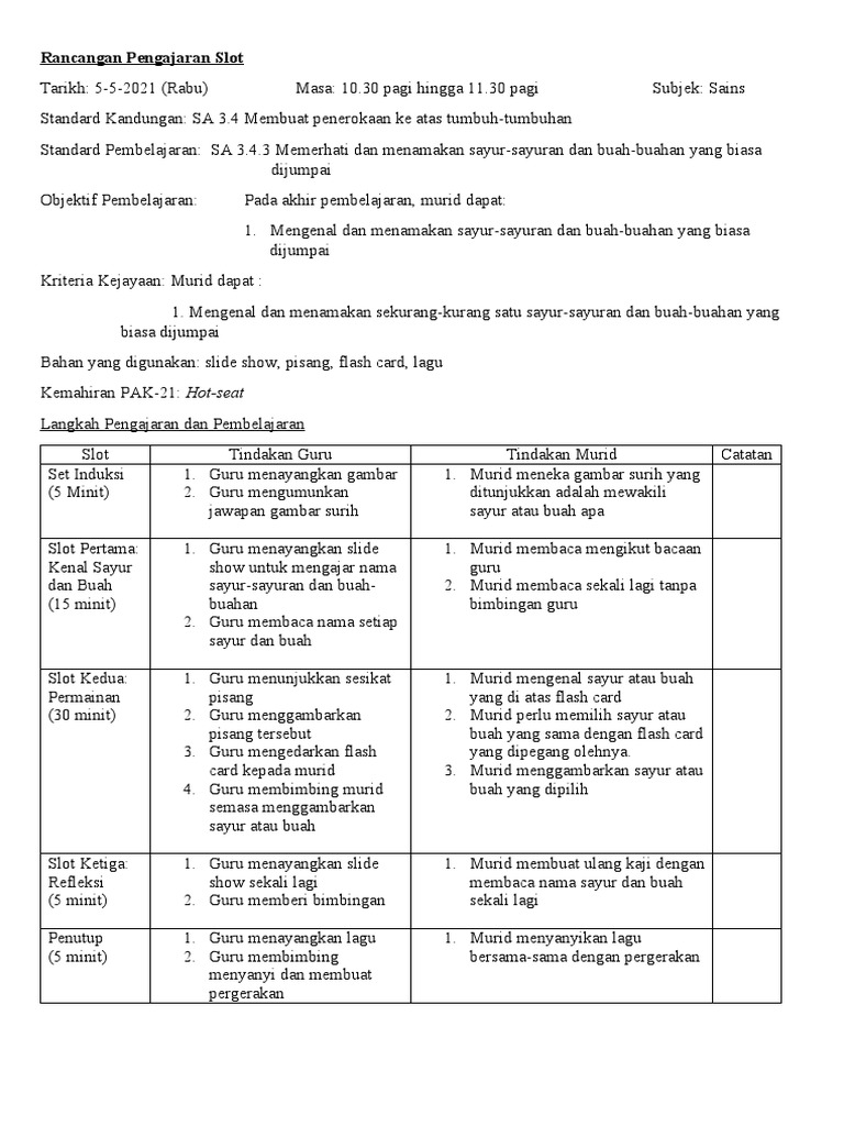 Rancangan Pengajaran Slot | PDF