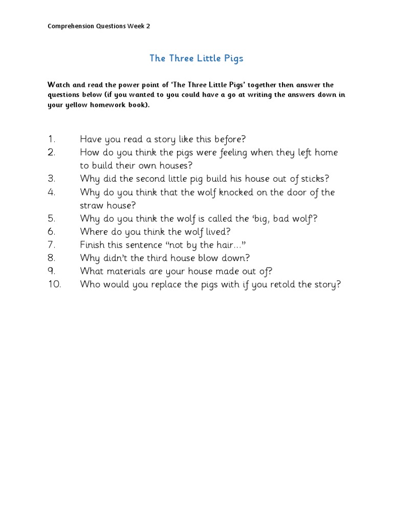 3.1 The Three Little Pigs Comprehension Questions Week 2 | PDF