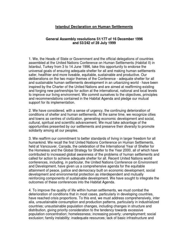 Istanbul Declaration On Human Settlements | PDF | Sustainability ...