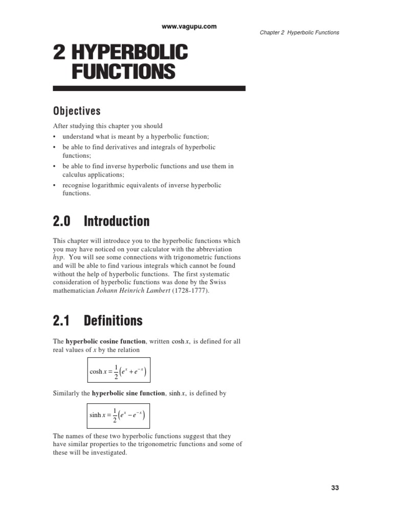 2 Hyperbolic Functions: Objectives | PDF | Sine | Trigonometric Functions