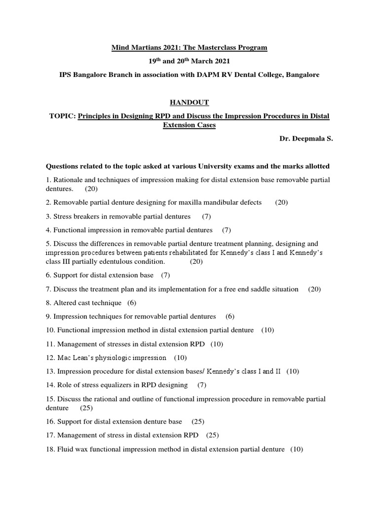 Handout 2021 Principles of Designing RPD | PDF | Dentures | Dental Implant