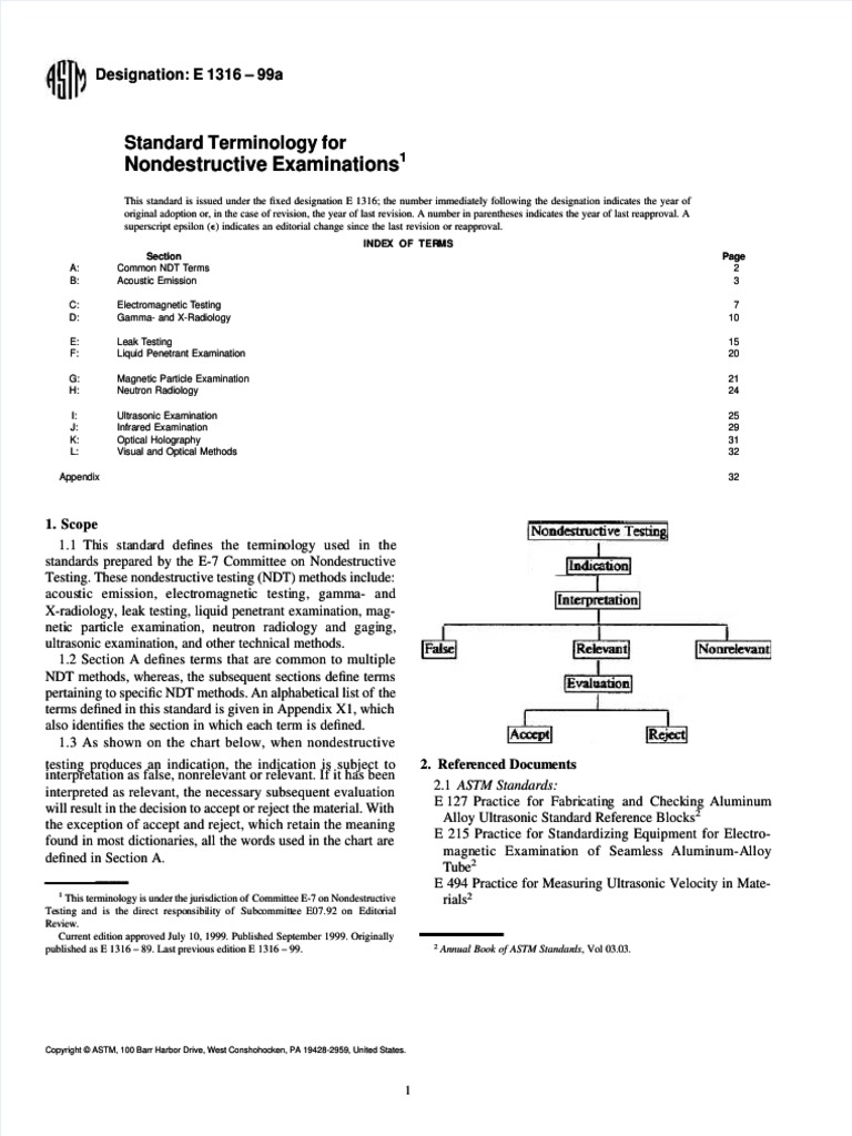 ASTM E 1316 - 99a - Terminology For NDT | PDF | Nondestructive Testing ...