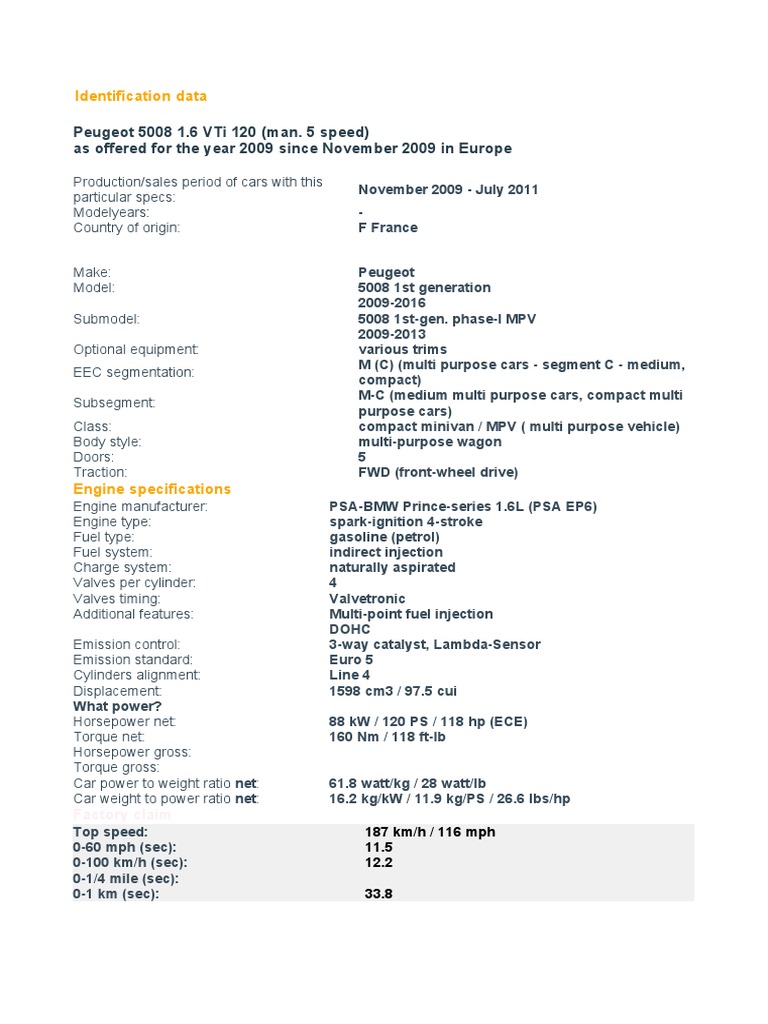 Peugeot 5008 1.6 VTi 120 (Man. 5 Speed) Informatii Utile | PDF | Fuel ...