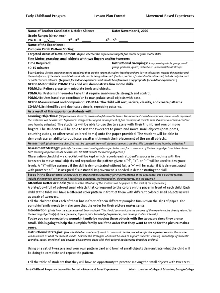 Early Childhood Program Lesson Plan Format Movement Based Experiences ...