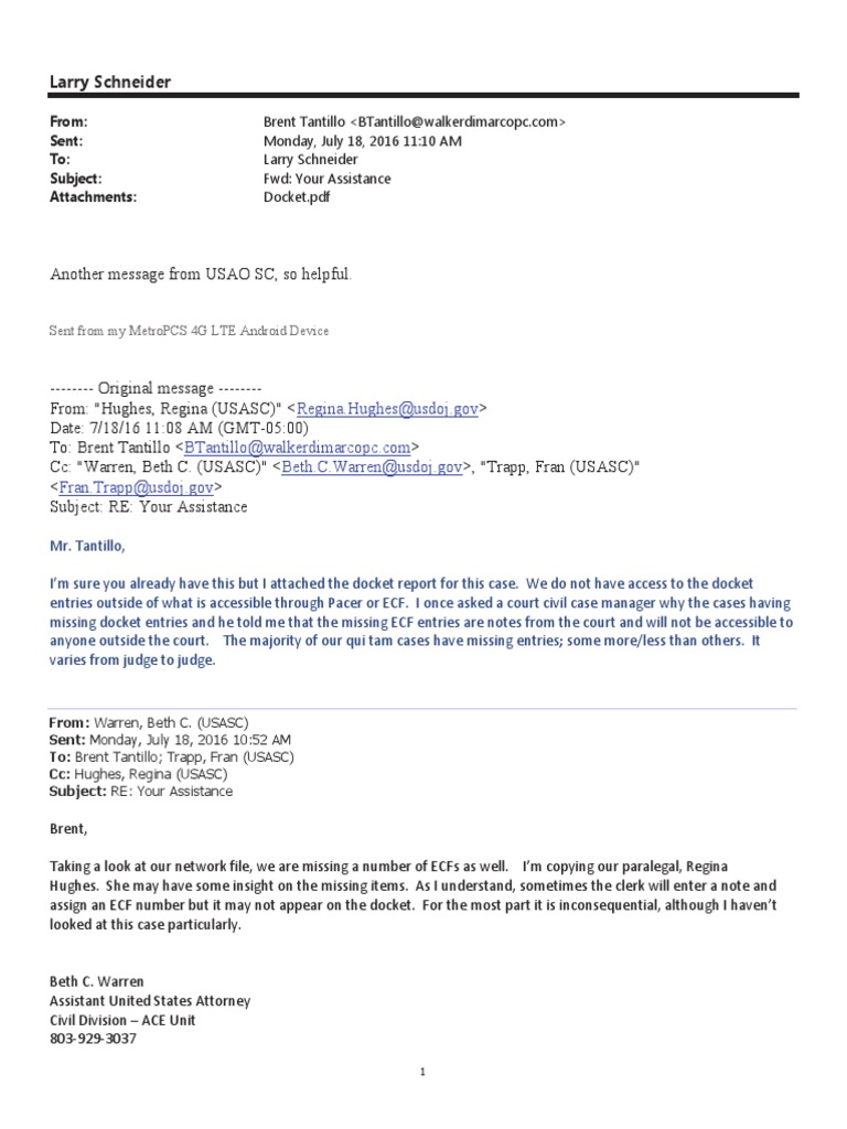 Email From Tantillo To ASUA's Elizabeth Warren and Fran Trapp District ...