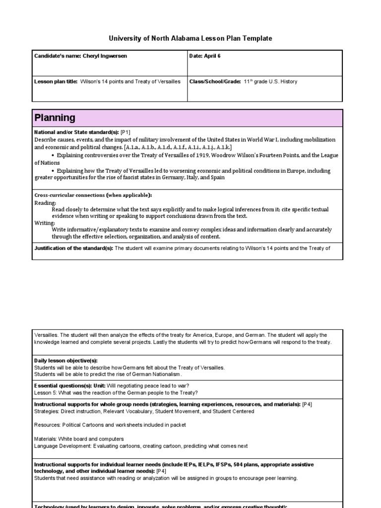 Planning: University of North Alabama Lesson Plan Template | PDF ...