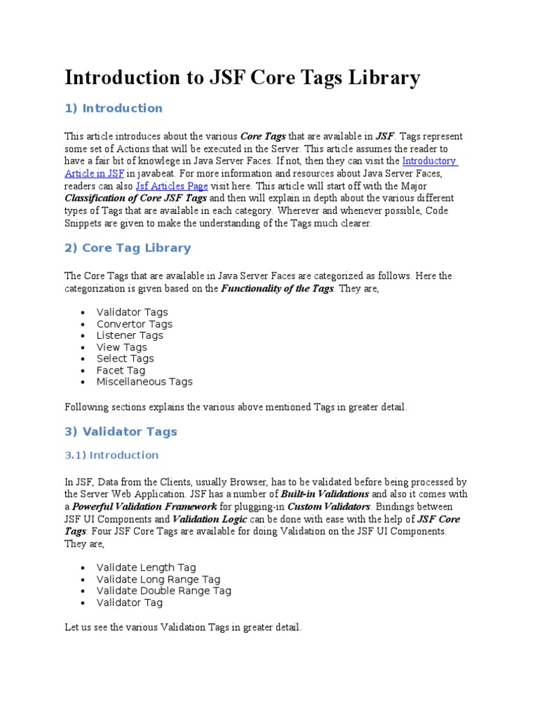 Introduction To JSF Core Tags Library | PDF | Java Server Faces | Xml