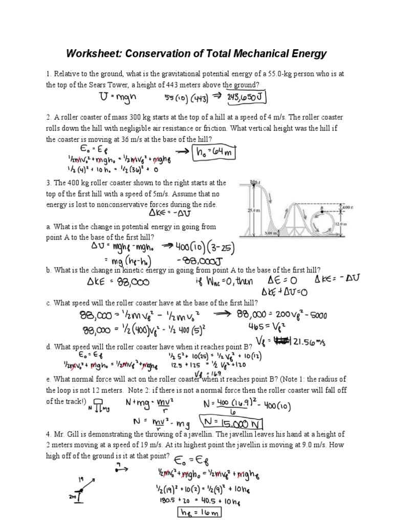 ANSWERS Worksheet Conservation of Total Mechanical Energy | Download ...