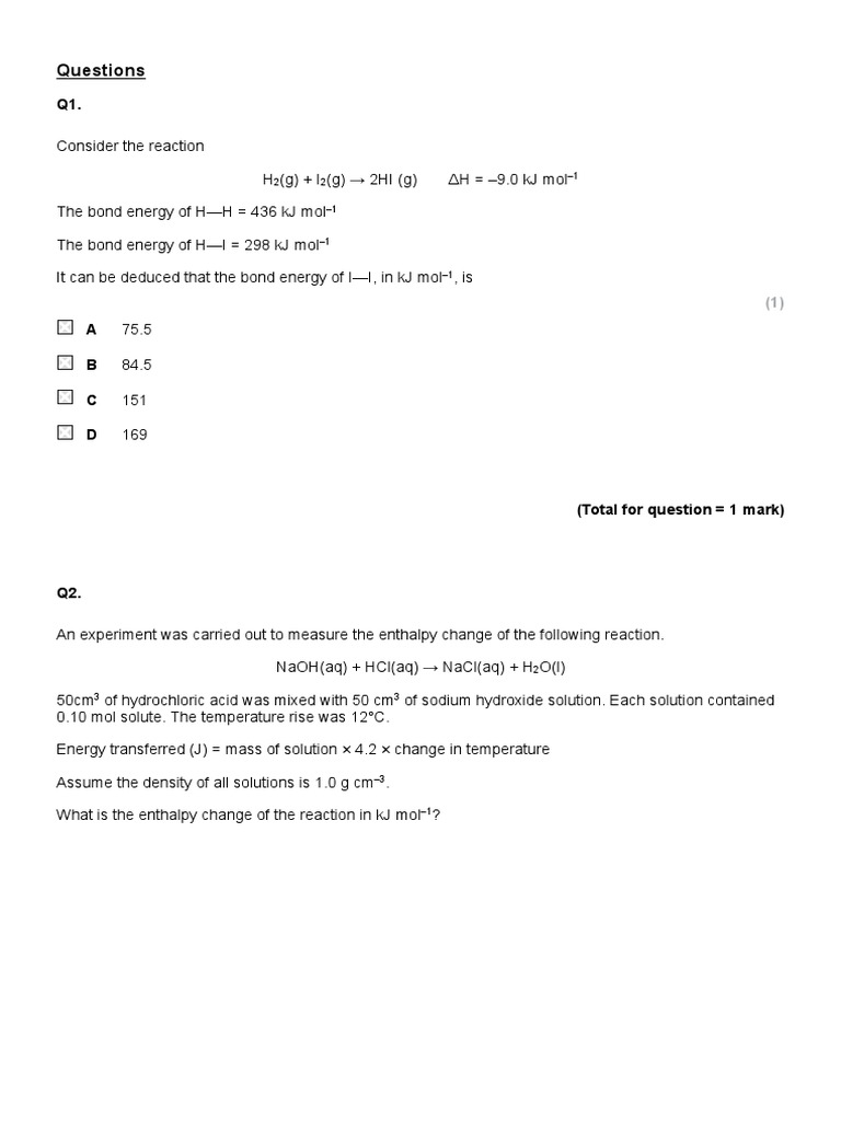 Energetics Questions | PDF | Enthalpy | Combustion