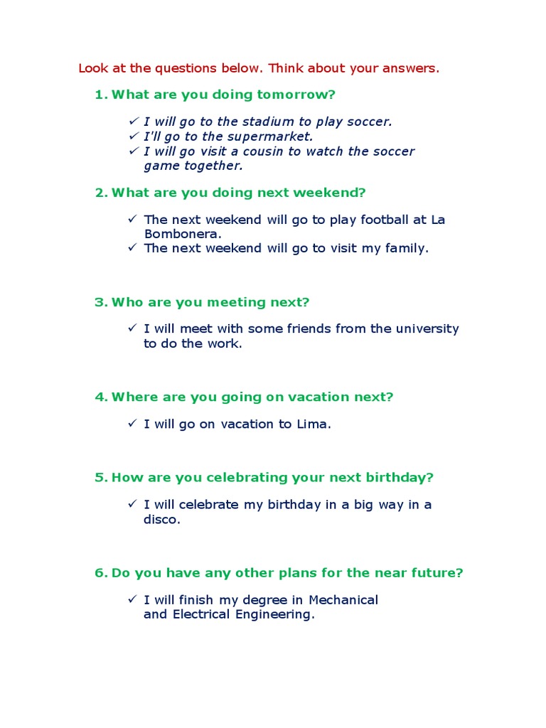 What Are You Doing Tomorrow?: Look at The Questions Below. Think About ...
