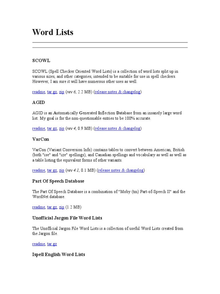 Word Lists: Scowl | PDF | Zip (File Format) | Dictionary
