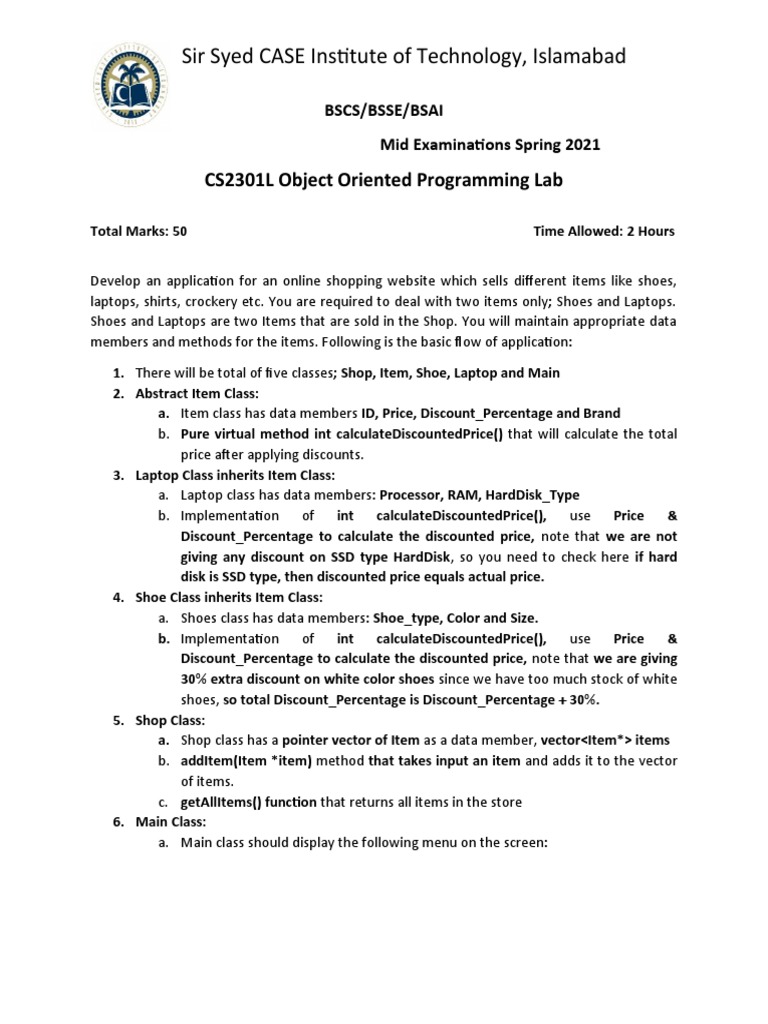 Sir Syed CASE Institute of Technology, Islamabad: CS2301L Object Oriented Programming Lab | PDF ...