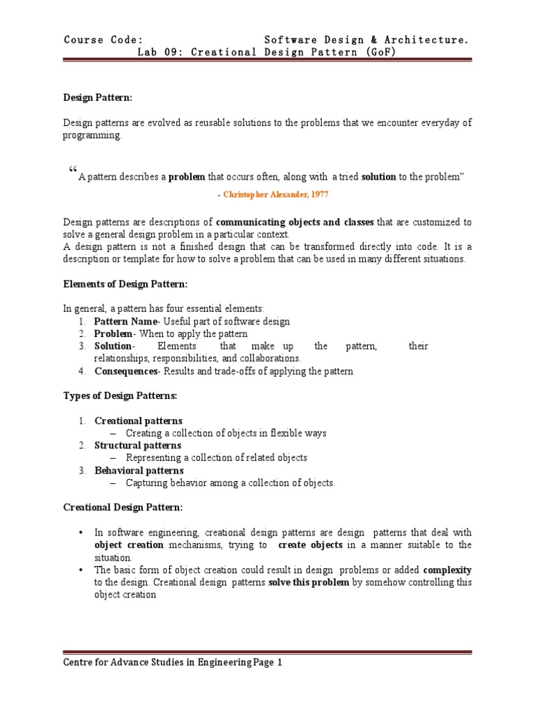 Lab 11 Creational Design Pattern Gof Pdf Software Design Pattern Class Computer