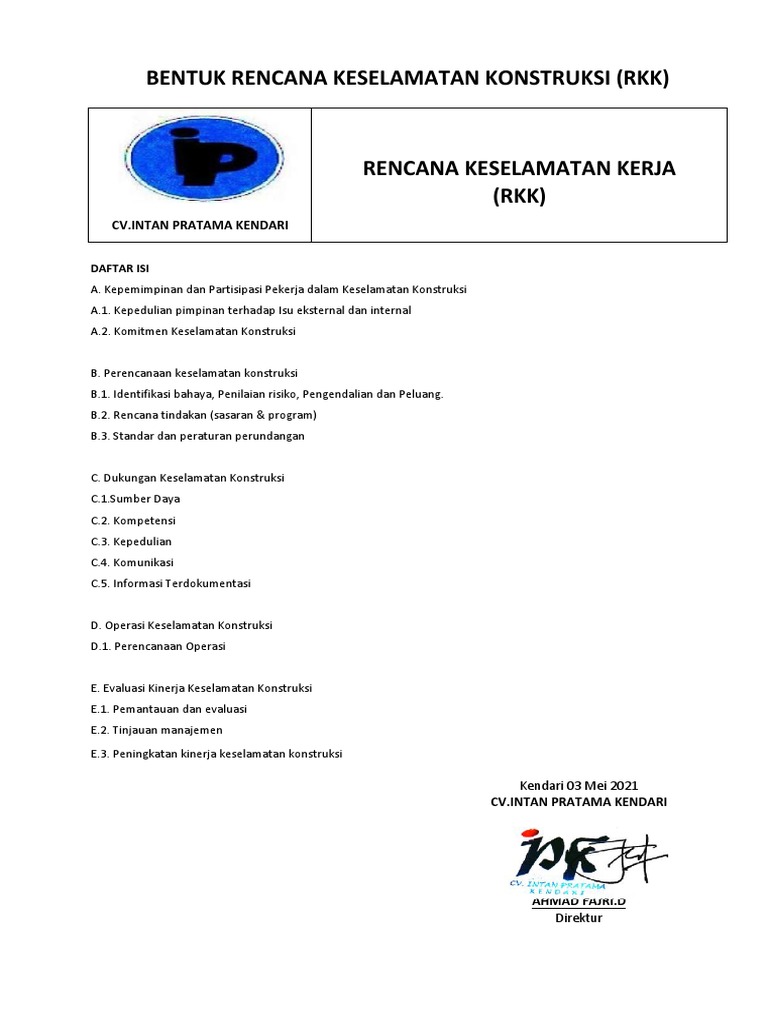 Bentuk Rencana Keselamatan Konstruksi (RKK) : CV - Intan Pratama Kendari | PDF