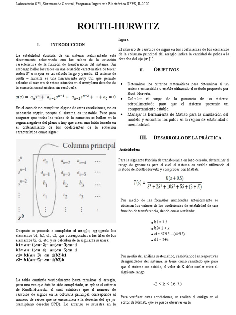 Lab5 Routh-Hurwitz | PDF | Sistema de control | Ecuaciones