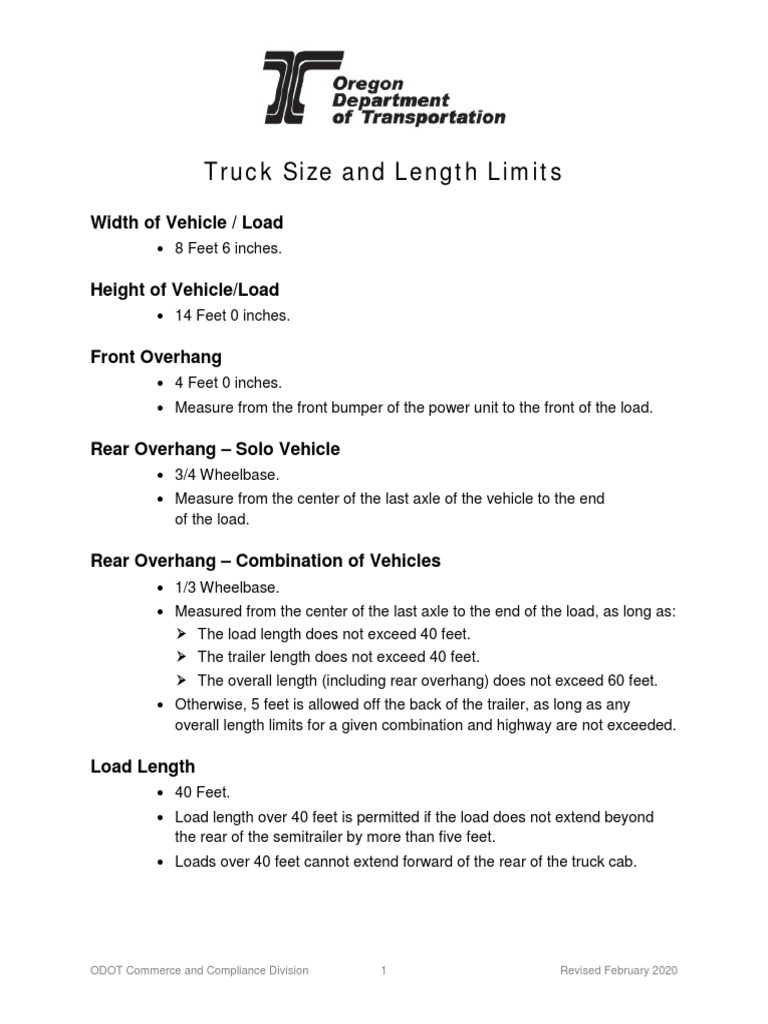 Truck Size and Length Limits: Width of Vehicle / Load | PDF ...