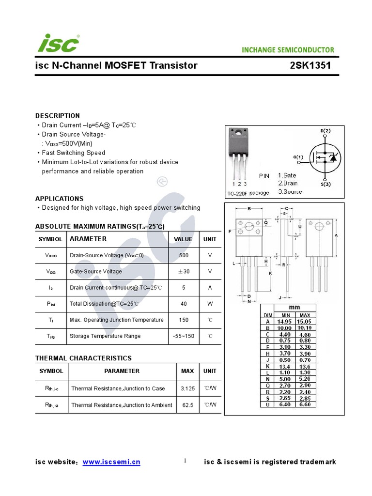 Isc N-Channel MOSFET Transistor 2SK1351: Description | PDF | Field Effect Transistor | Mosfet