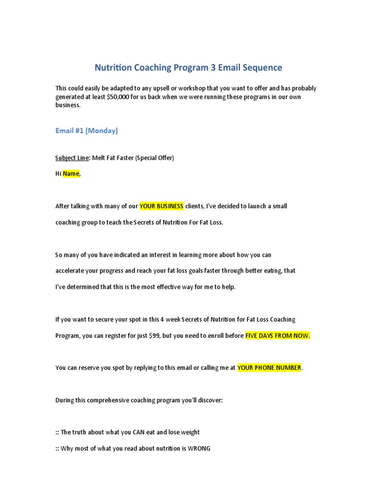 Nutrition Coaching Program 3 Email Sequence | PDF | Weight Loss | Fat