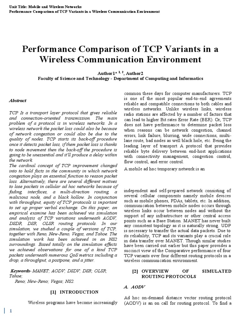 Performance Comparison Of Tcp Variants Original Pdf Transmission Control Protocol Network
