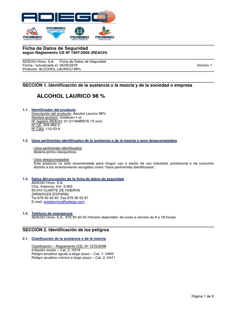 Alcohol Laurico 98 %: Ficha de Datos de Seguridad | PDF | Toxicidad | Agua